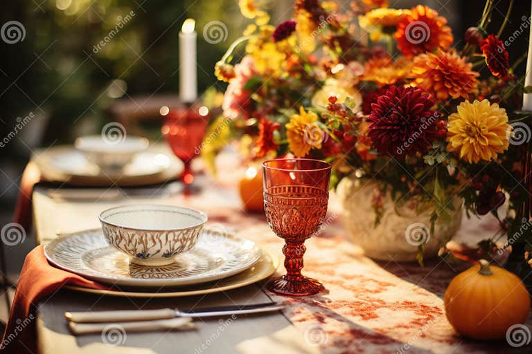 Boho Chic Table Setting. Decoration Table Covered with a Tablecloth ...