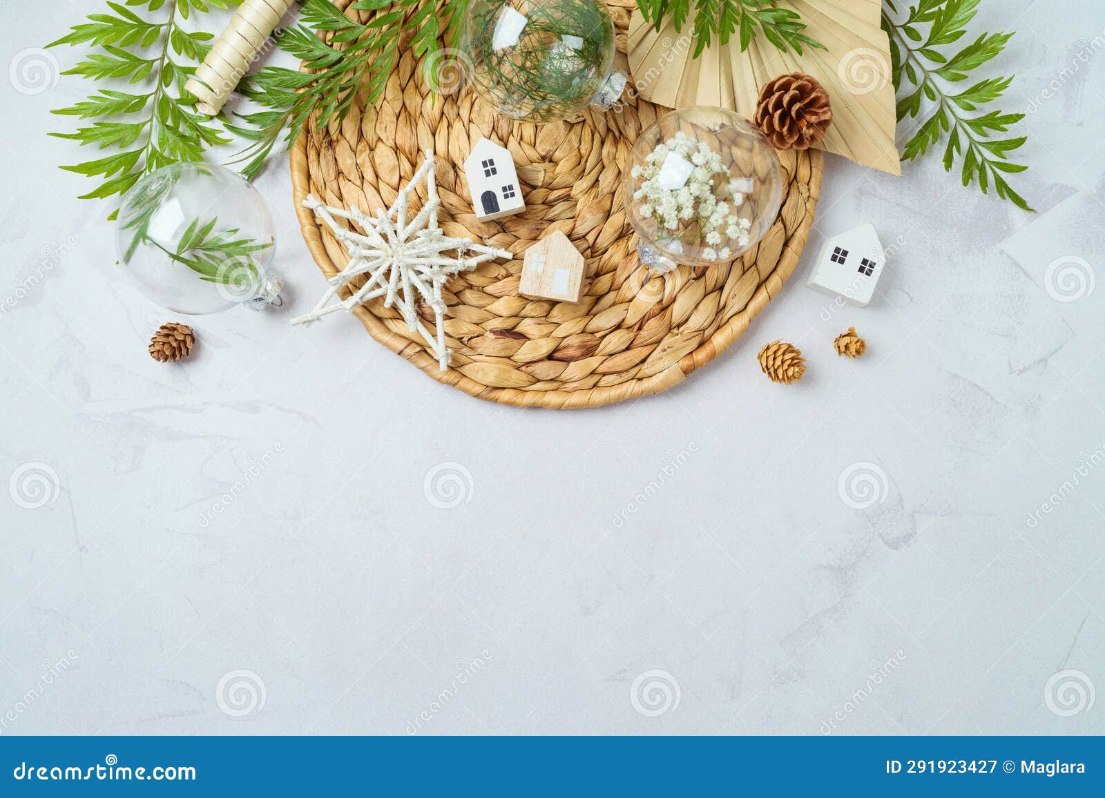 Boho Christmas Background with Decorations and Green Leaves. Top View ...