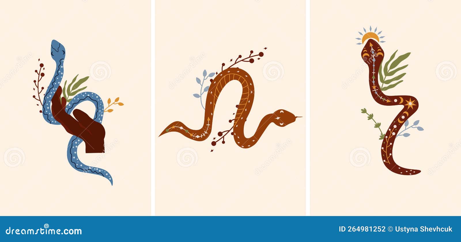 Boho Composition With A Mystical Snake Around The Hand, Leaves And ...