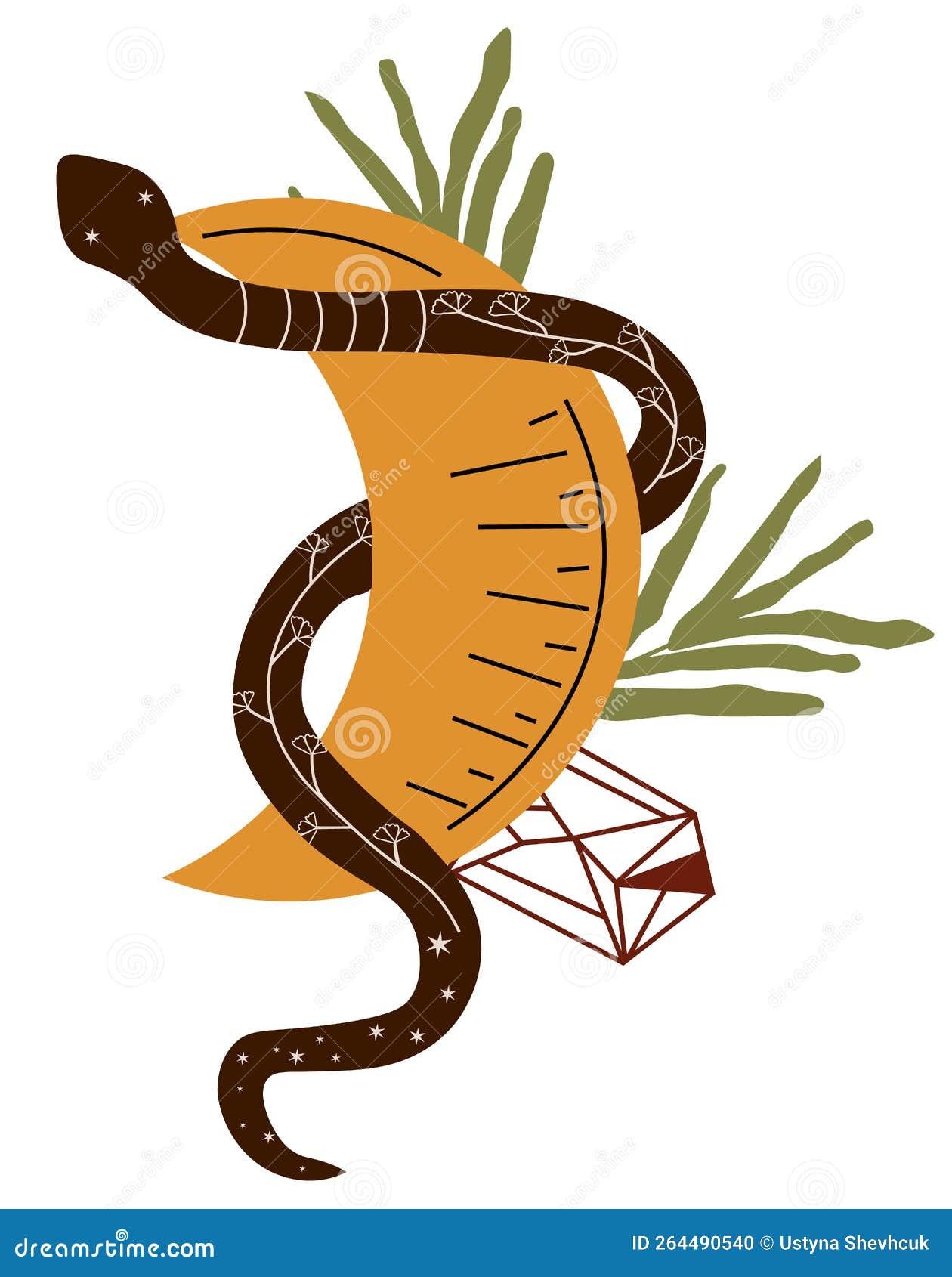 Boho Composition with a Mystical Snake Around the Moon, Crystal, Leaves ...