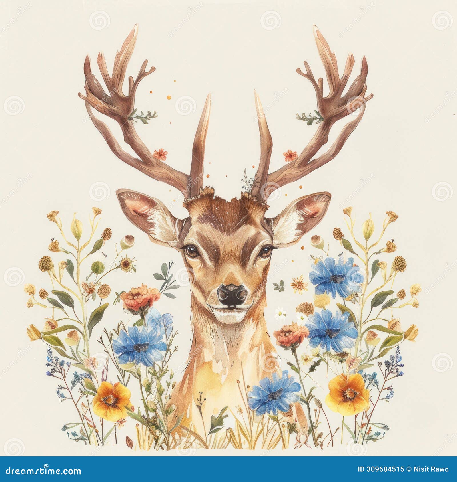 Boho Deer with Antlers and Wildflowers Stock Image - Image of earth ...