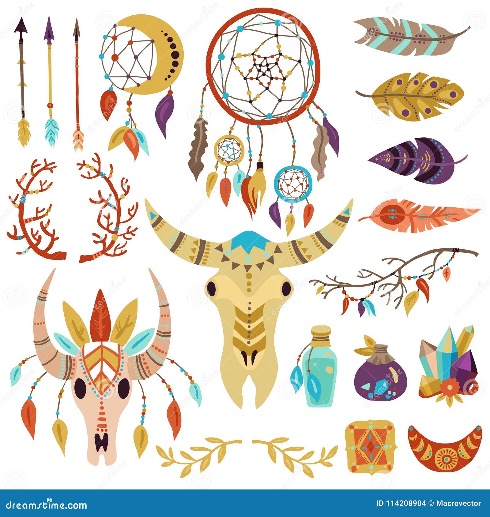 Boho Elements Set stock vector. Illustration of dreamcatcher - 114208904