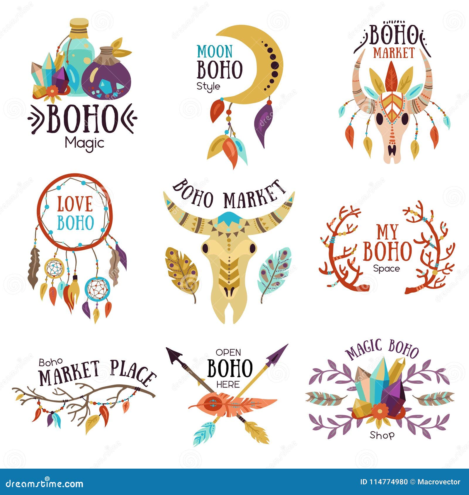 Boho Emblems Set stock vector. Illustration of handmade - 114774980