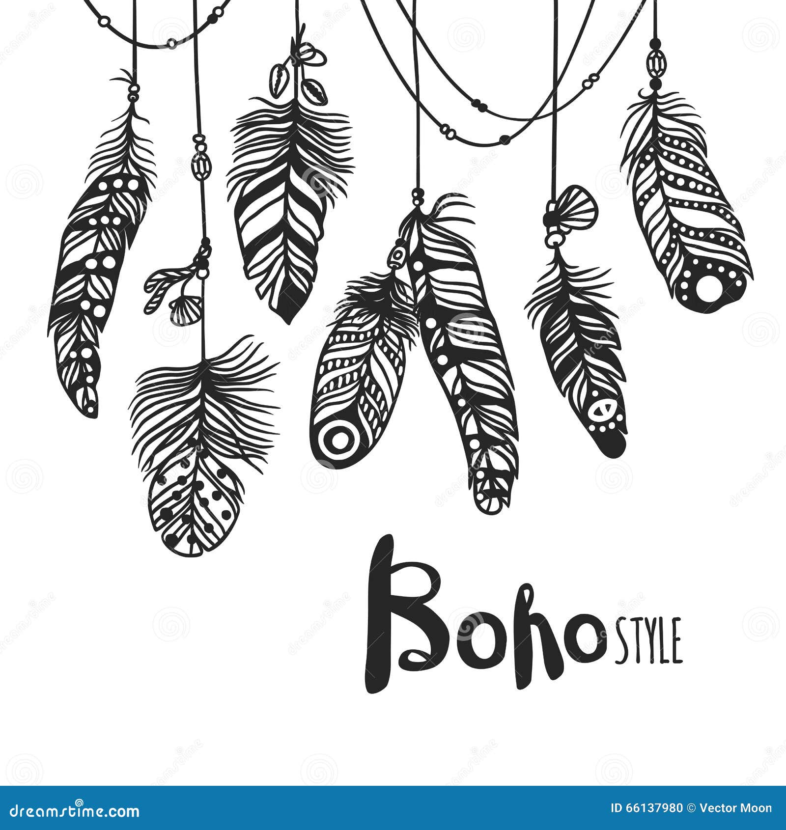 Boho Feather Hand Drawn Effect Vector Style Illustration Stock Vector ...