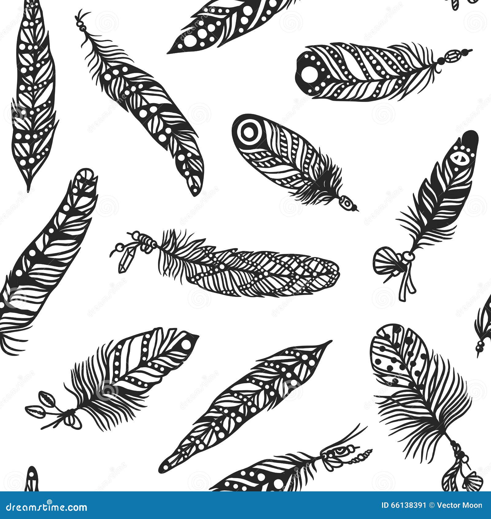 Boho Feather Hand Drawn Effect Vector Style Seamless Pattern ...