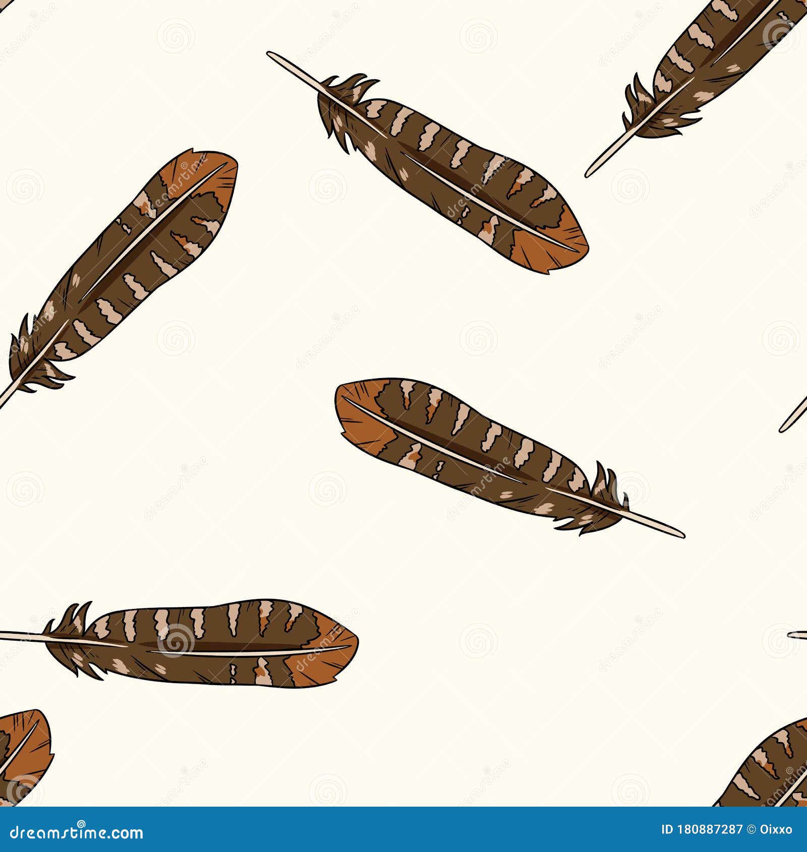 Boho Feathers Doodle Seamless Pattern. Freehand Owl or Hawk Quill ...