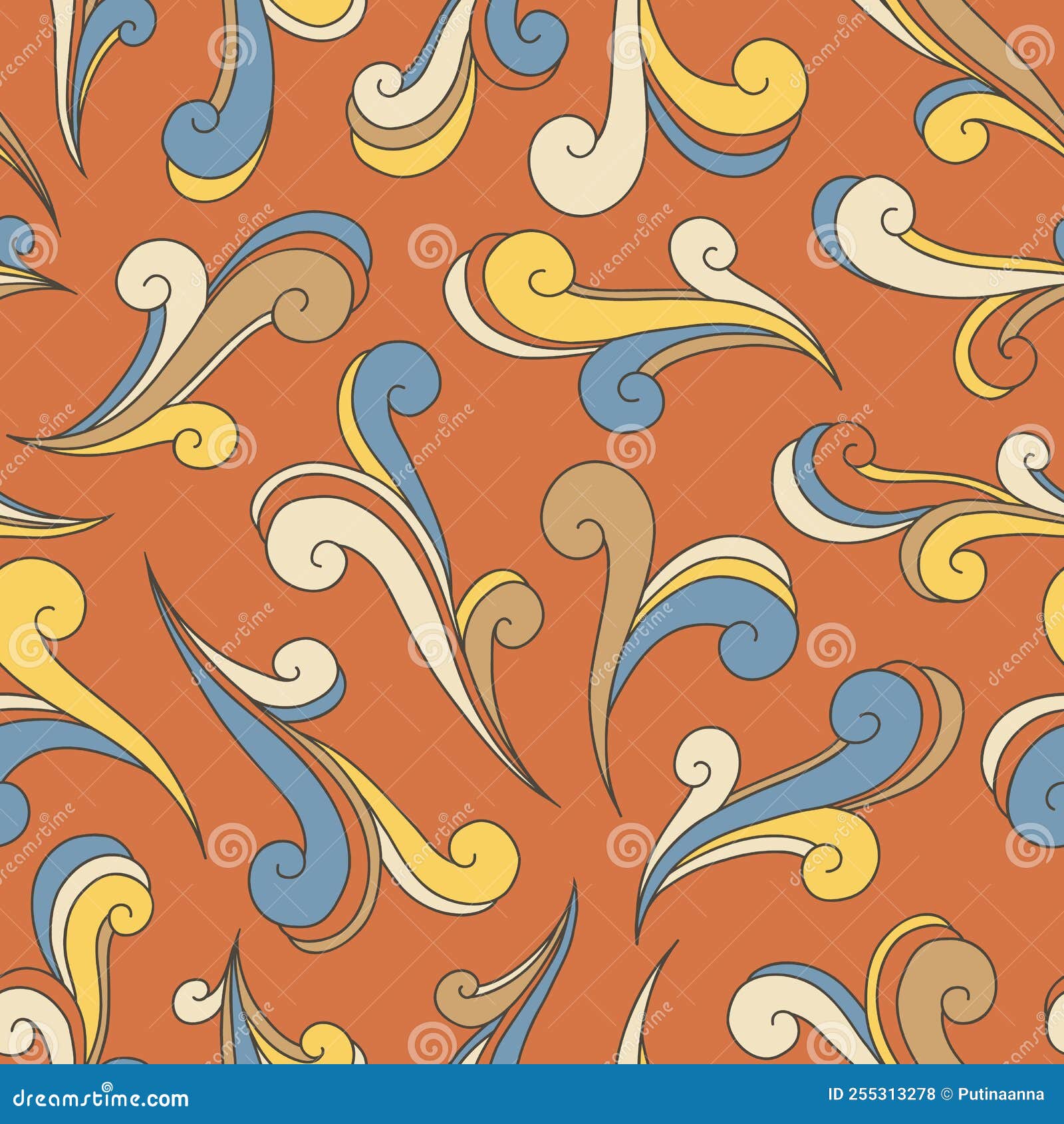 Boho Groovy Retro Psychedelic Swirls Vector Seamless Pattern Stock ...