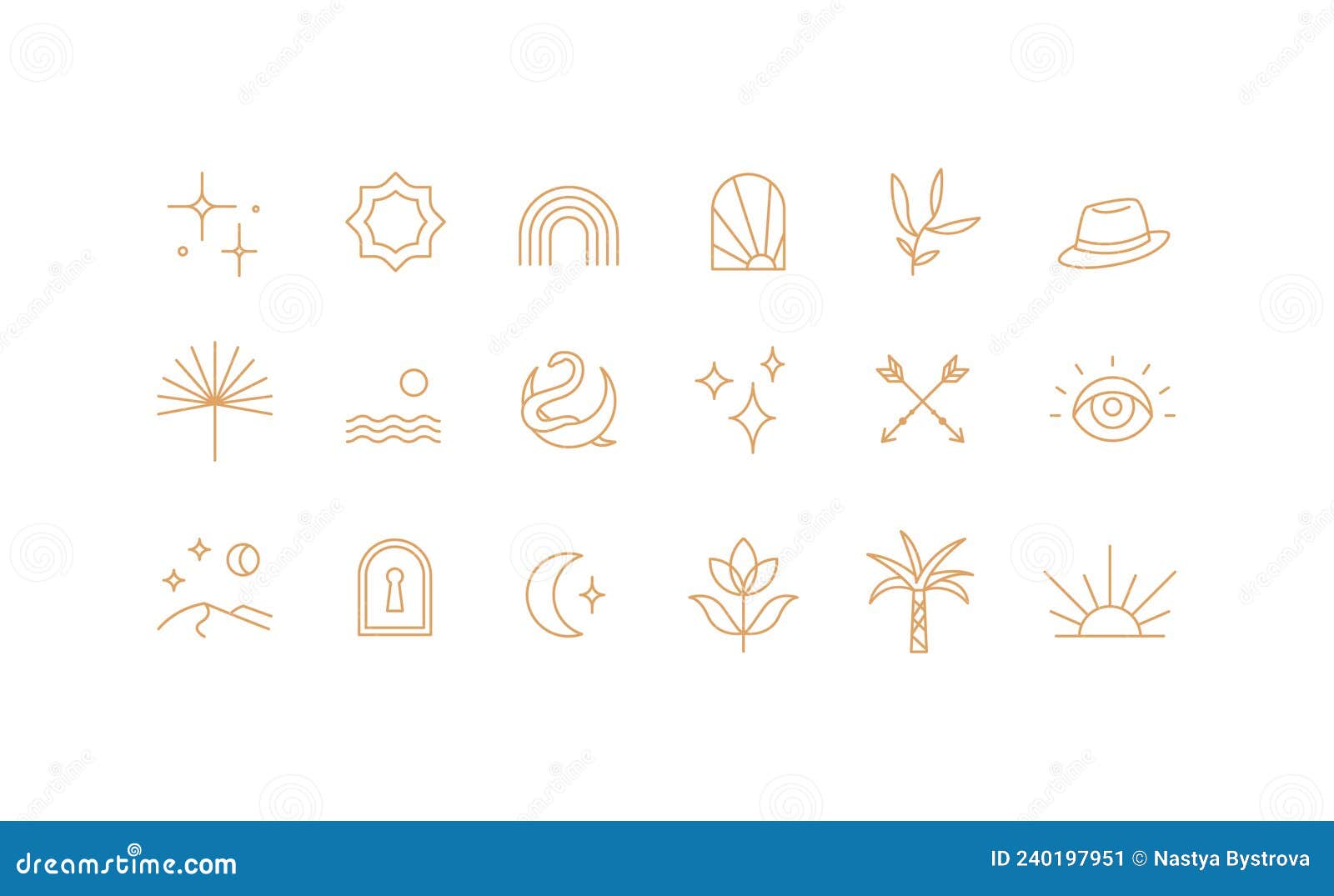 Golden Boho Linear Icon Set. Stock Vector - Illustration of line ...