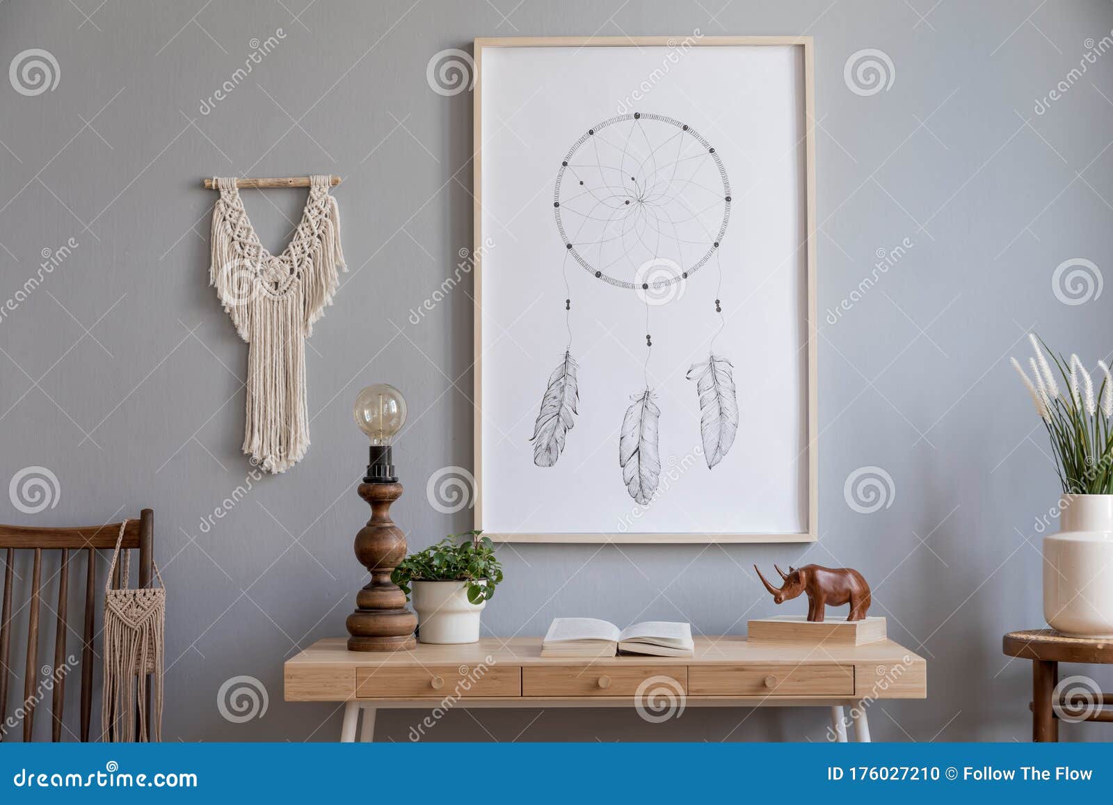Boho Interior Design of Home Office with Large Poster. Stock Photo ...