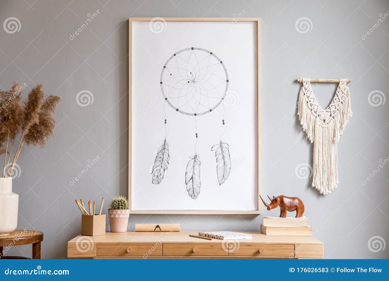 Boho Interior Design of Living Room with Large Poster. Stock Image ...