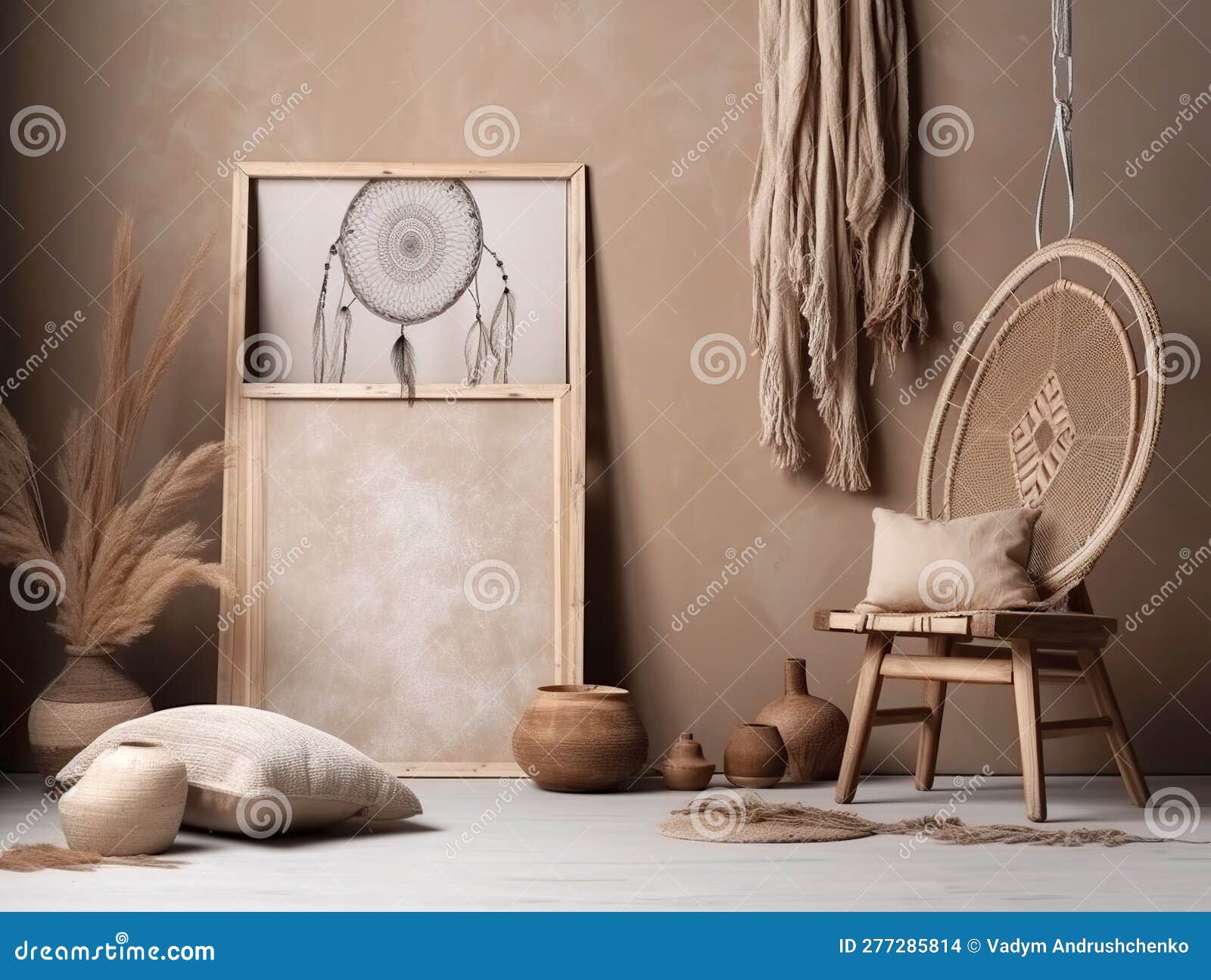 Boho Interior Design of Modern Living Room with Blank Frame and Rustic ...