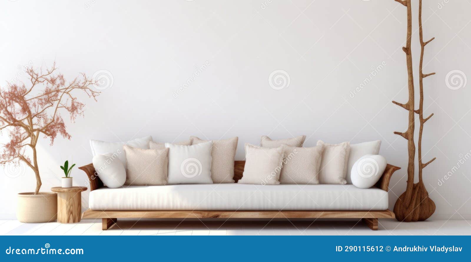 Boho Interior Design of Modern Living Room with Empty White Wall ...