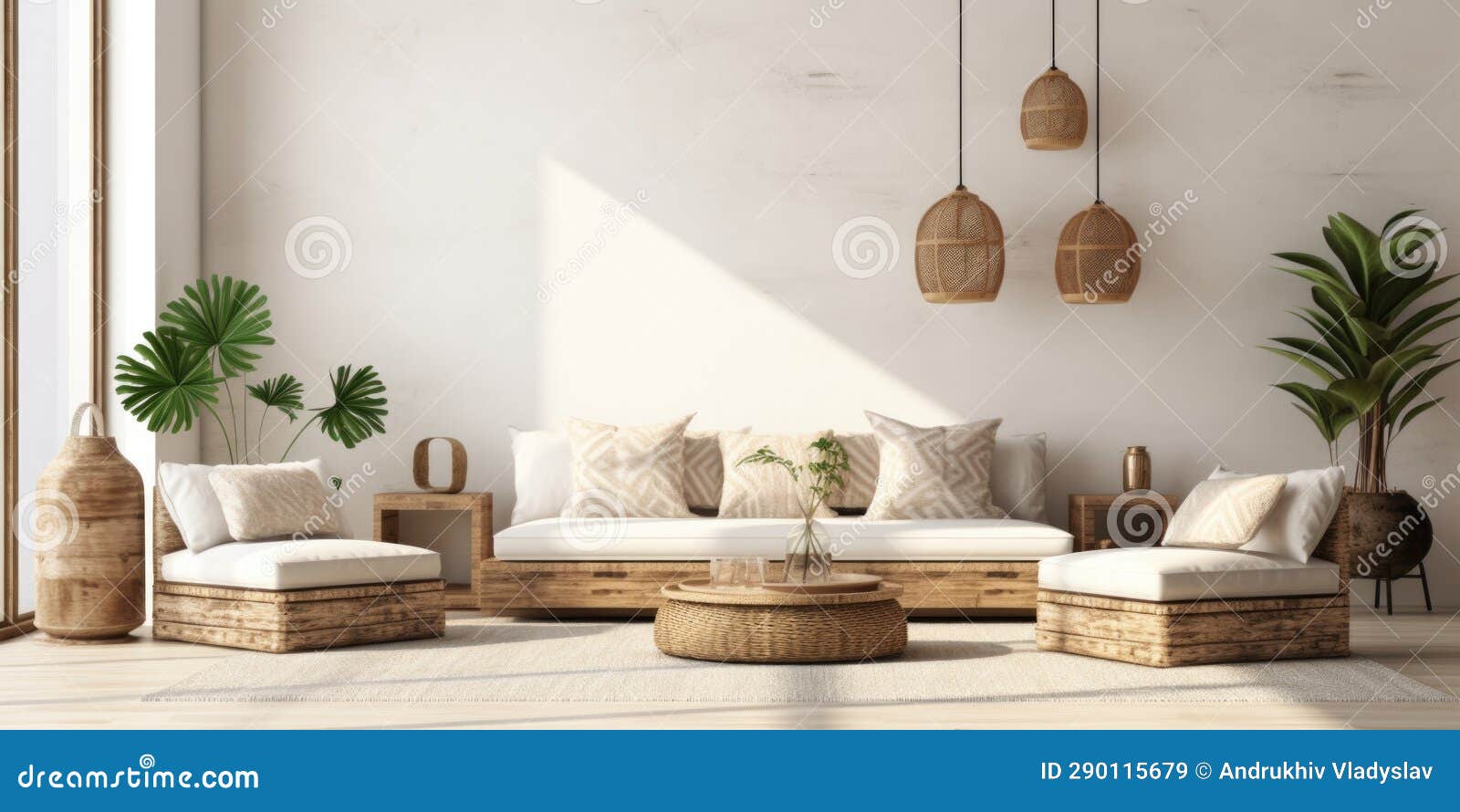 Boho Interior Design of Modern Living Room with Empty White Wall ...