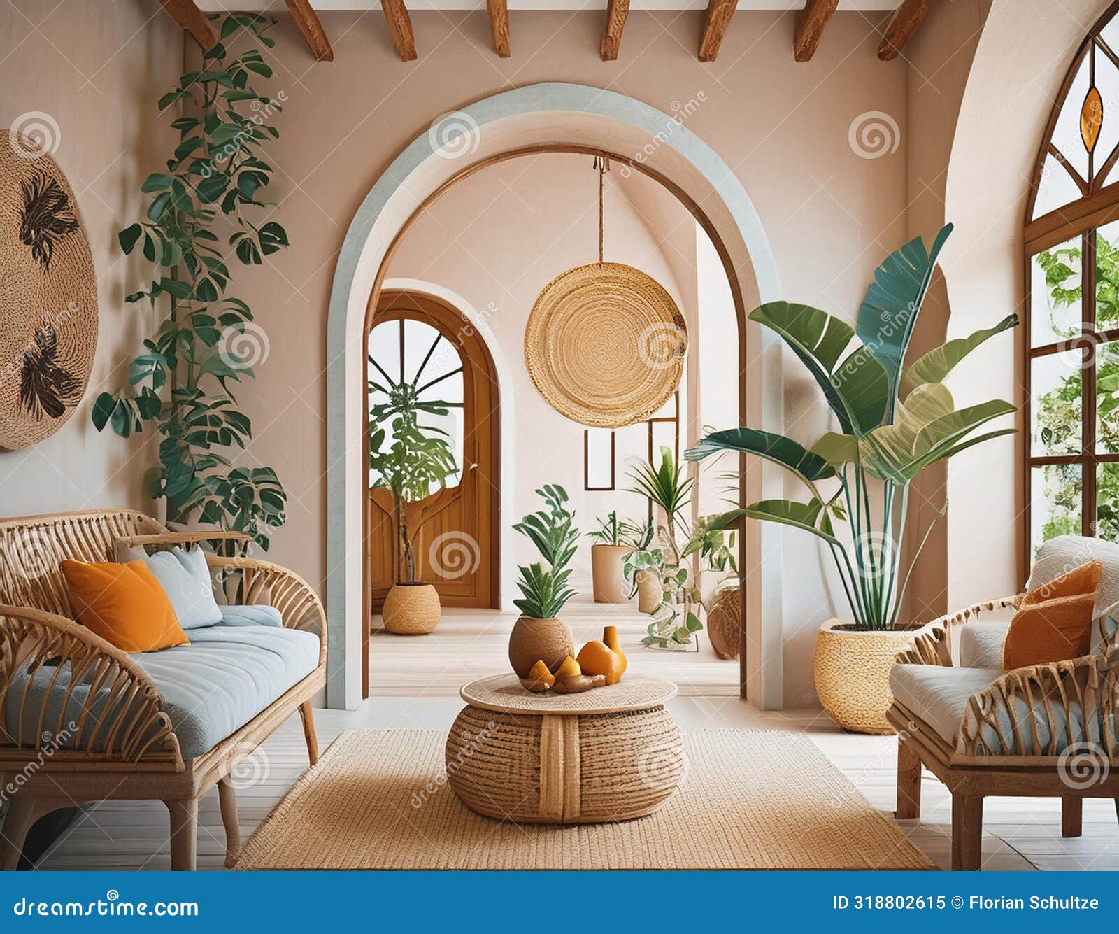 Boho, Mediterranean Interior Design of Modern Home Entryway, Hall with ...