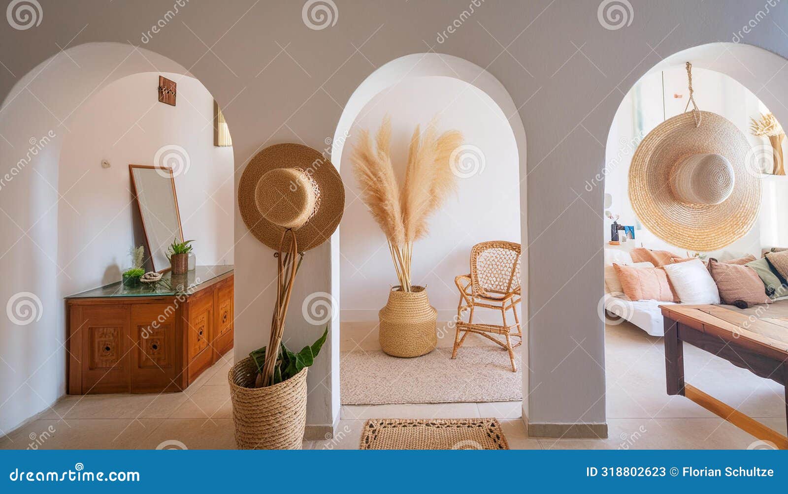 Boho, Mediterranean Interior Design of Modern Home Entryway, Hall with ...