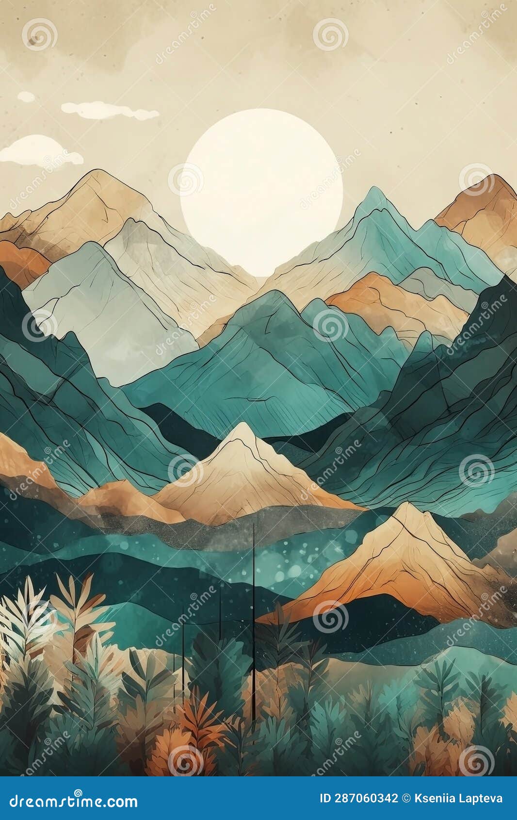 Boho Mountains and Sun Landscape Illustration. Stock Illustration ...