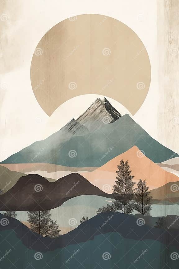 Boho Mountains and Sun Landscape Illustration. Stock Photo - Image of ...
