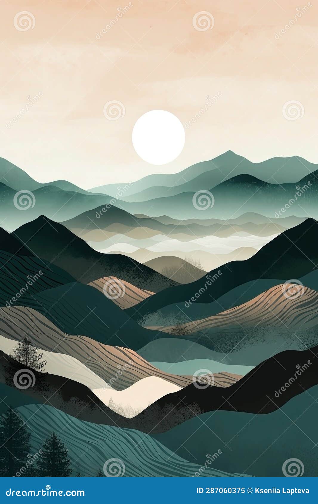 Boho Mountains and Sun Landscape Illustration Stock Image - Image of ...