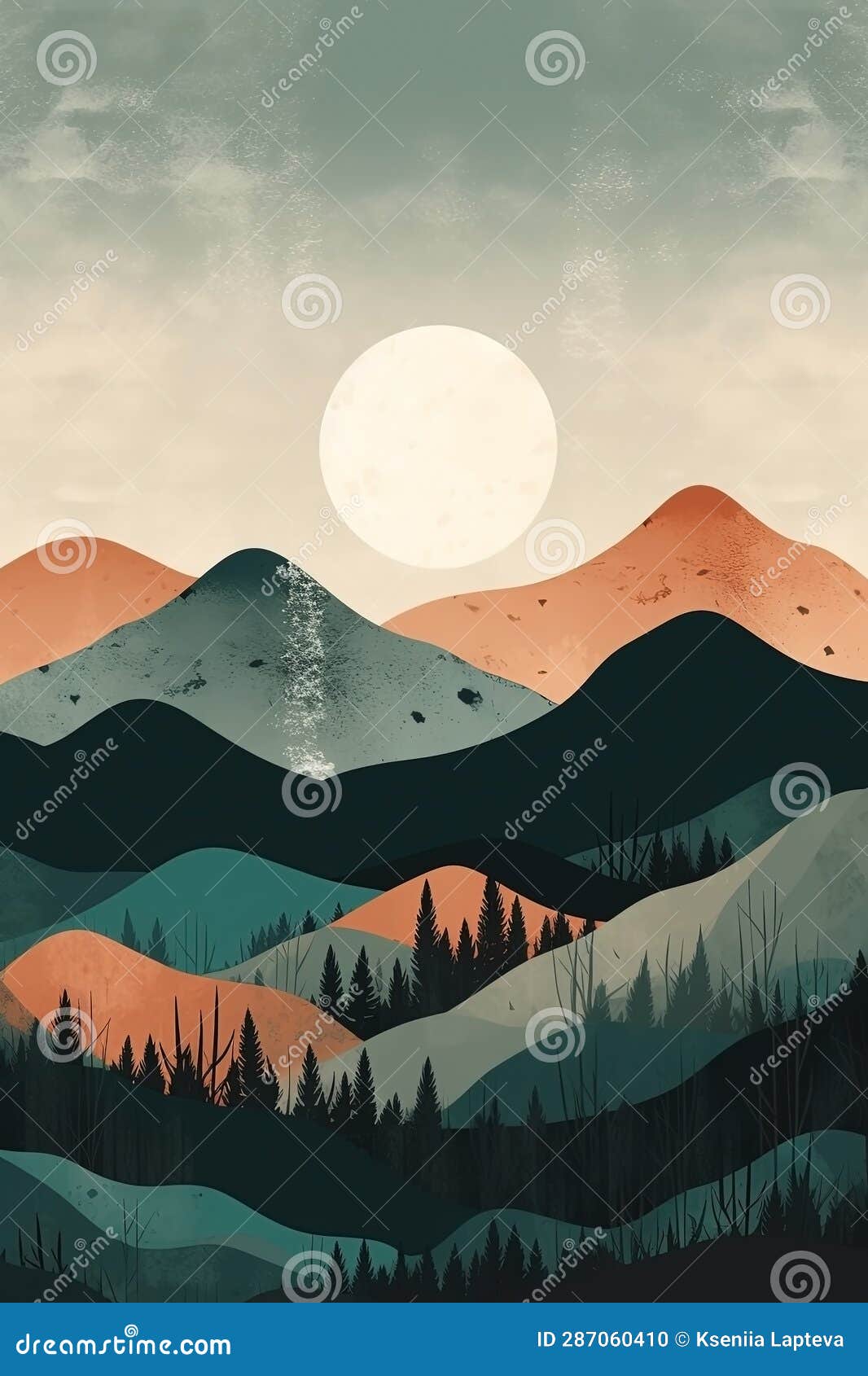 Boho Mountains and Sun Landscape Illustration. Stock Illustration ...