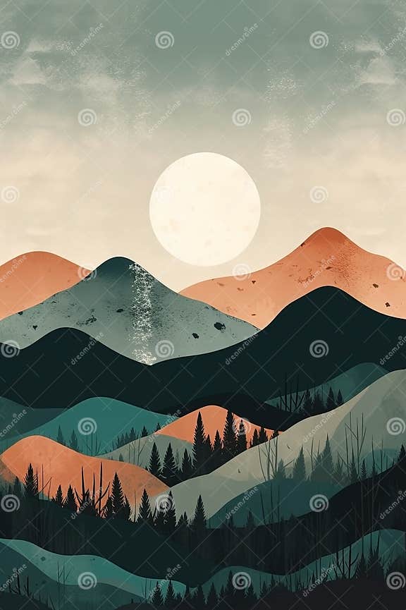 Boho Mountains and Sun Landscape Illustration. Stock Illustration ...
