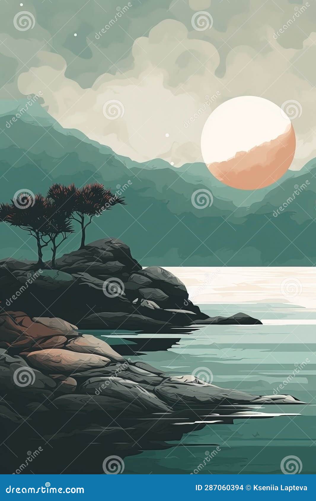 Boho Mountains, Water and Moon Landscape Illustration. Stock ...