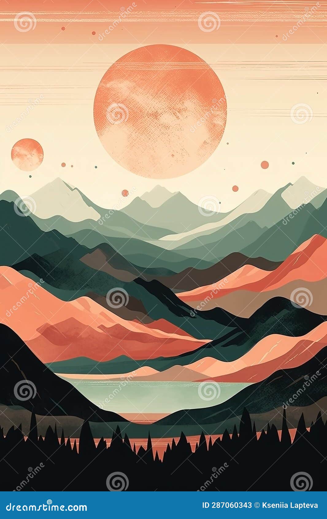 Boho Mountains, Water and Sun Landscape Illustration. Stock ...