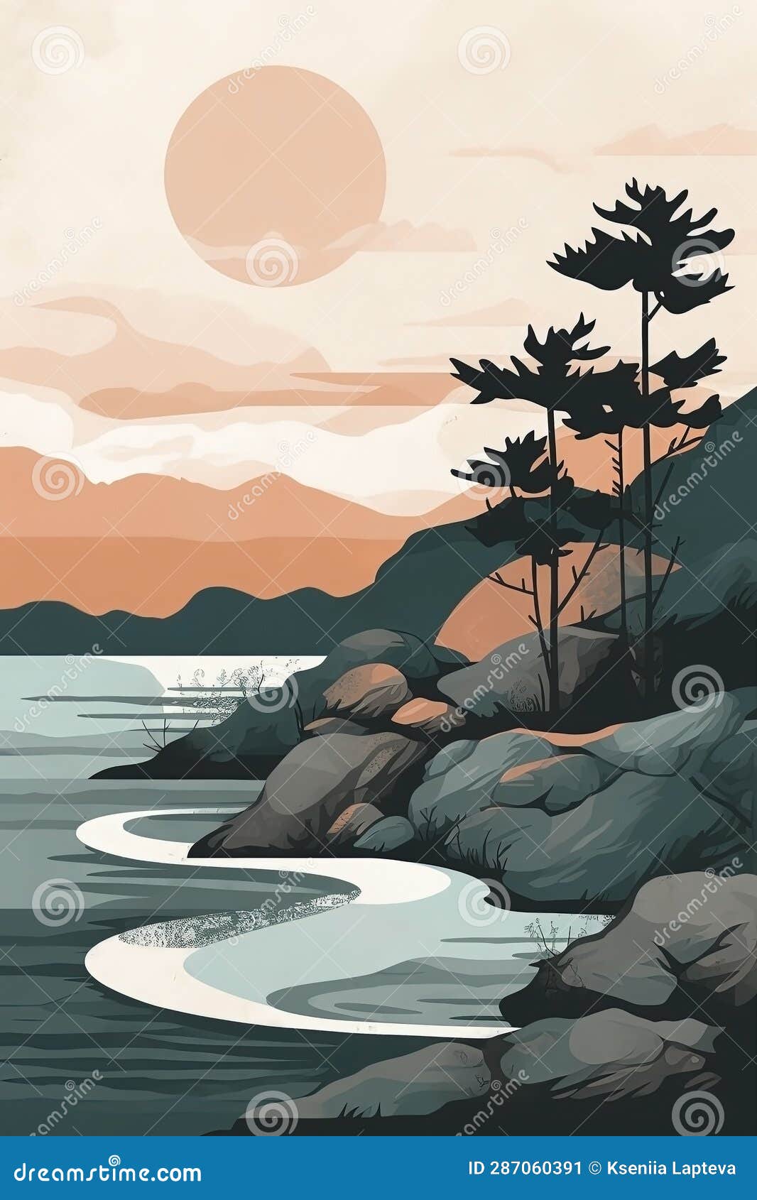 Boho Mountains, Water and Sun Landscape Illustration. Stock ...