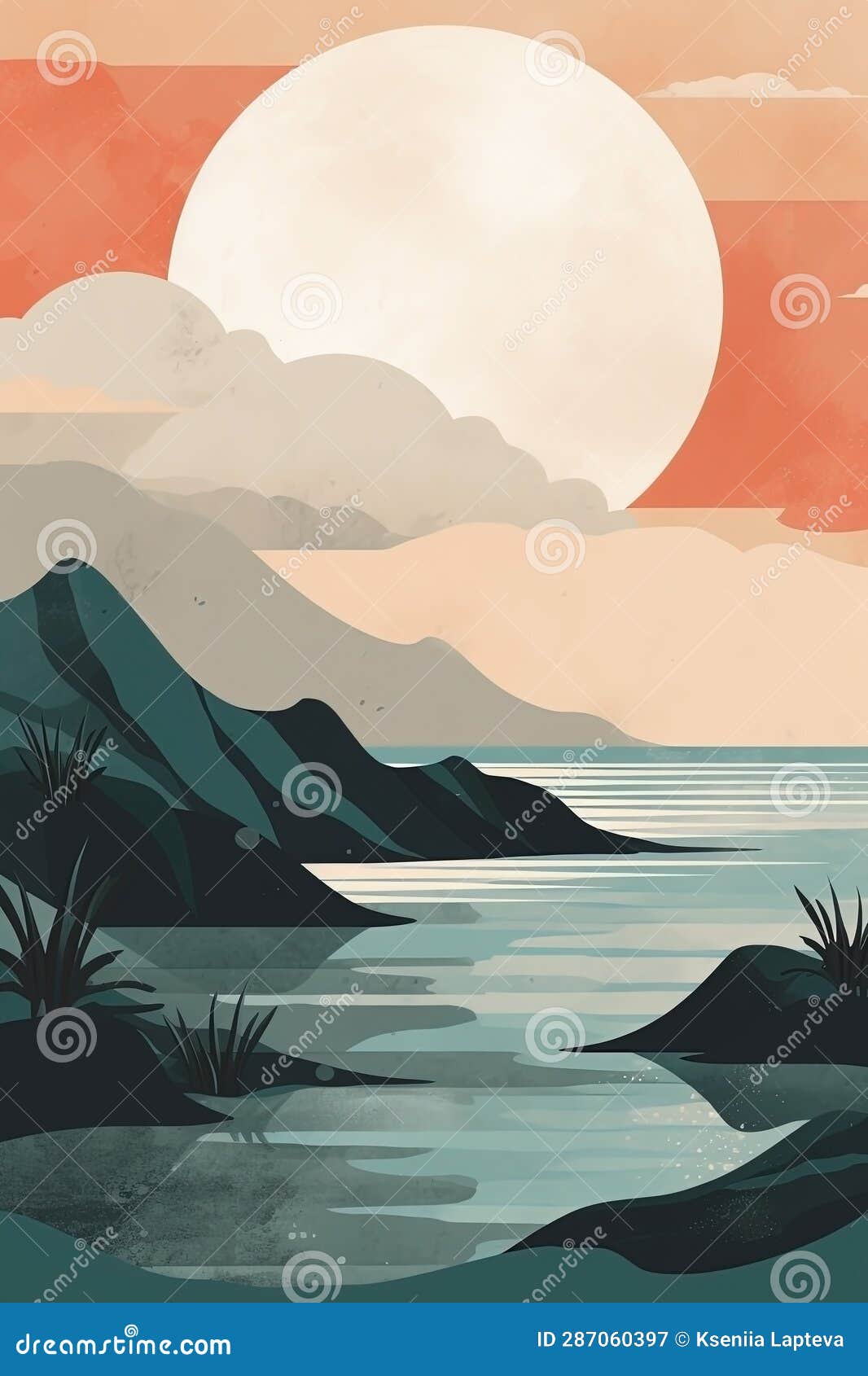 Boho Mountains, Water and Sun Landscape Illustration. Stock ...