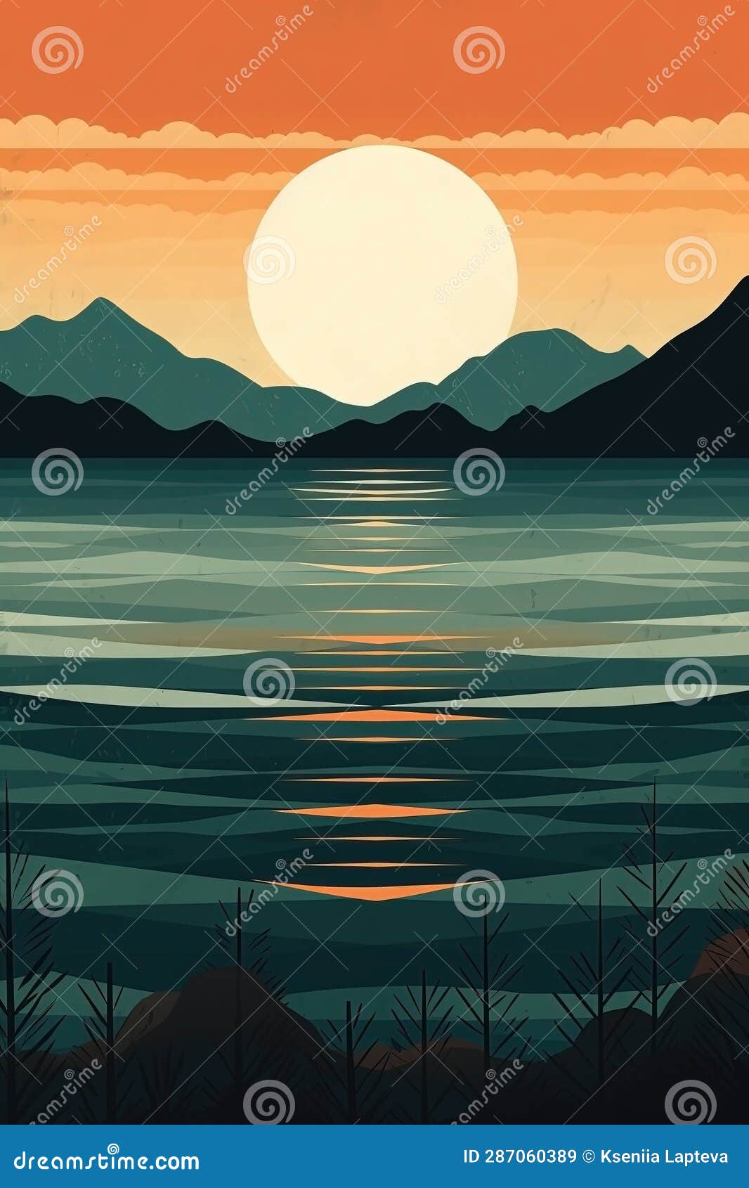 Boho Mountains, Water and Sunset Landscape Illustration. Stock ...