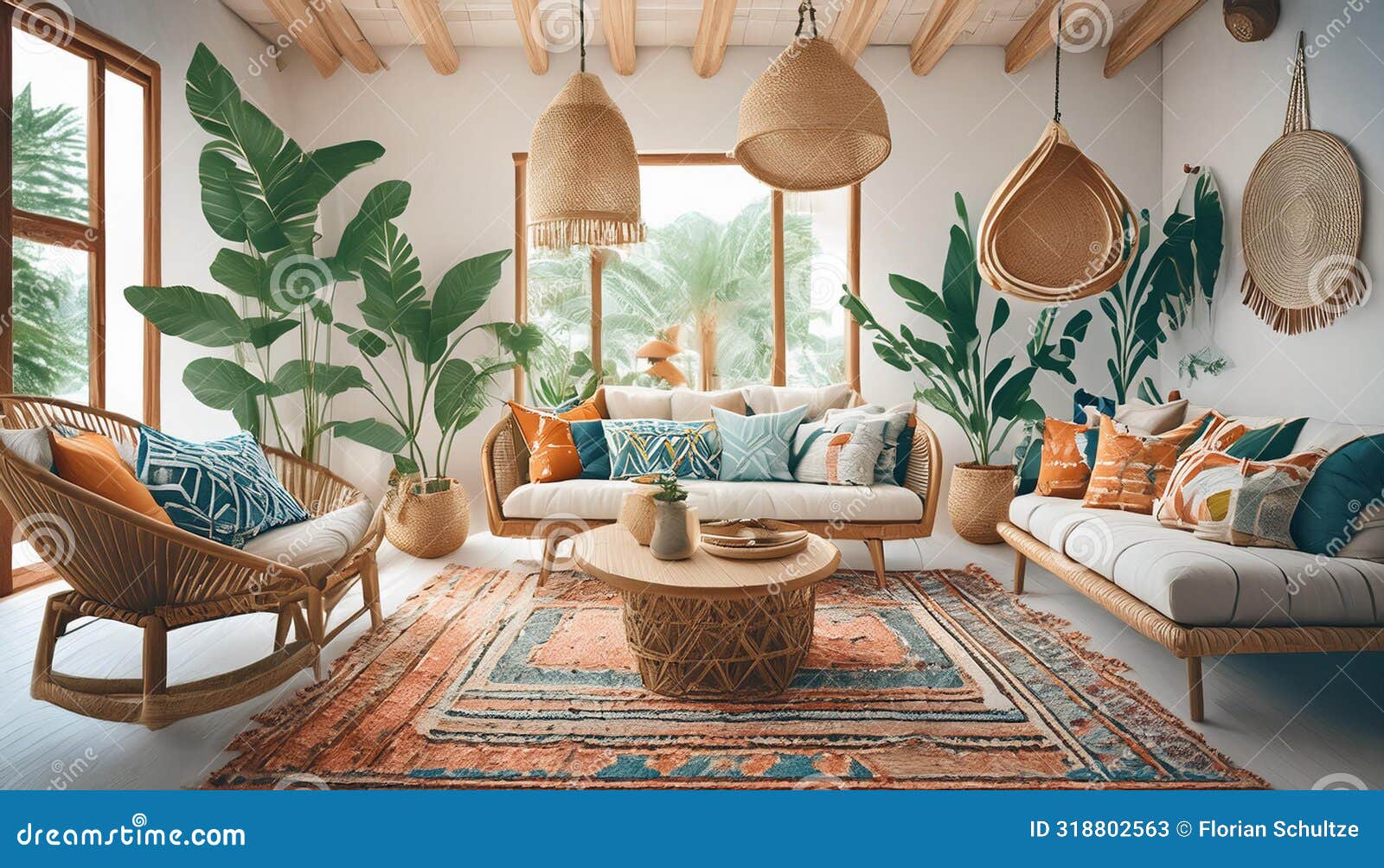Boho Nomadic Interior Design of Modern Living Room, Home Stock Illustration - Illustration of ...