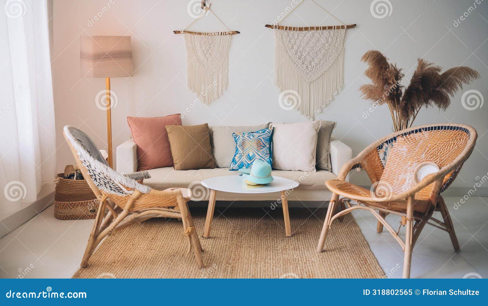 Boho Nomadic Style Interior Design Of Modern Living Room. AI Stock ...