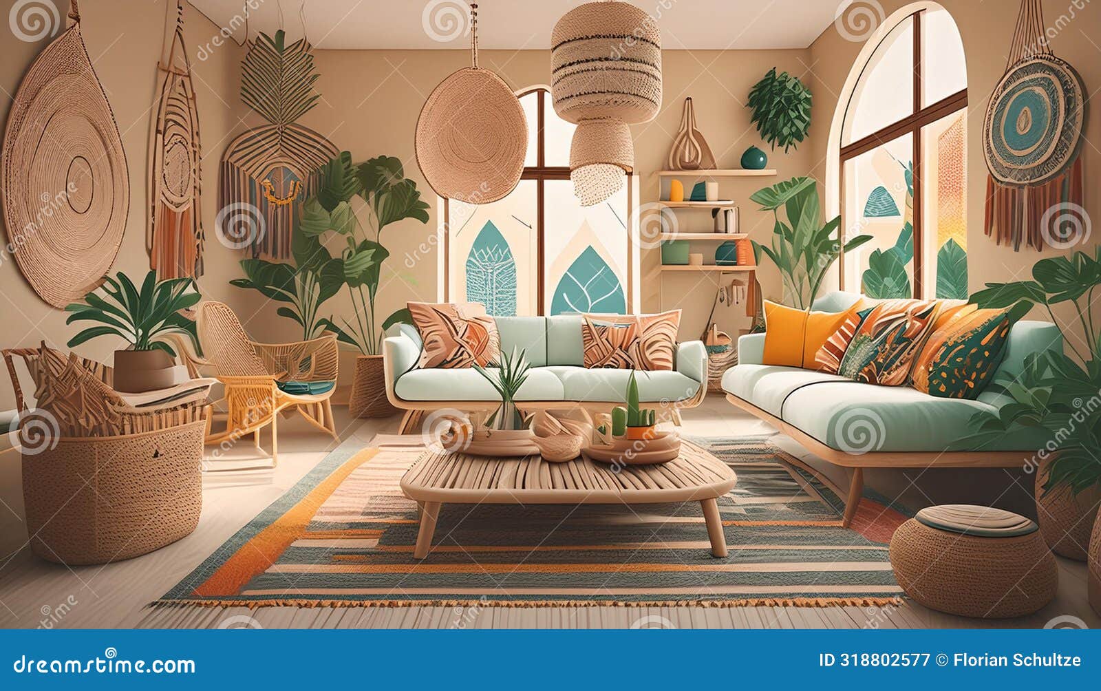 Boho Nomadic Interior Design of Modern Living Room, Home Stock ...