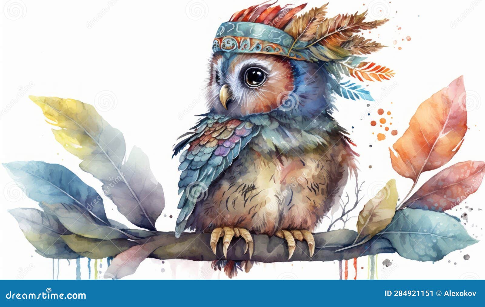Boho Owl with Feather Headdress AI Generated Stock Illustration ...