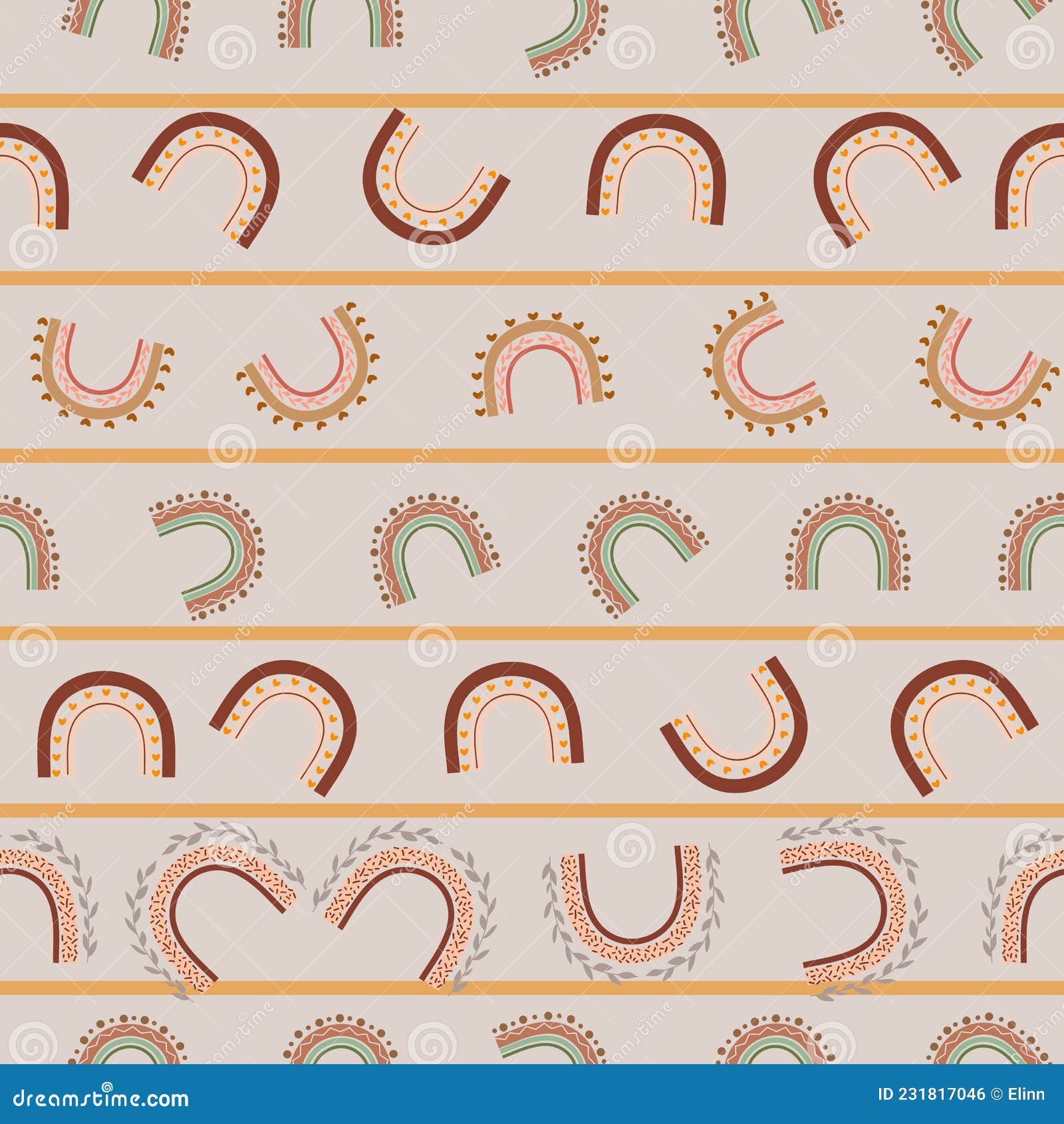 Boho Rainbows and Stripes Seamless Vector Pattern on Beige Background ...