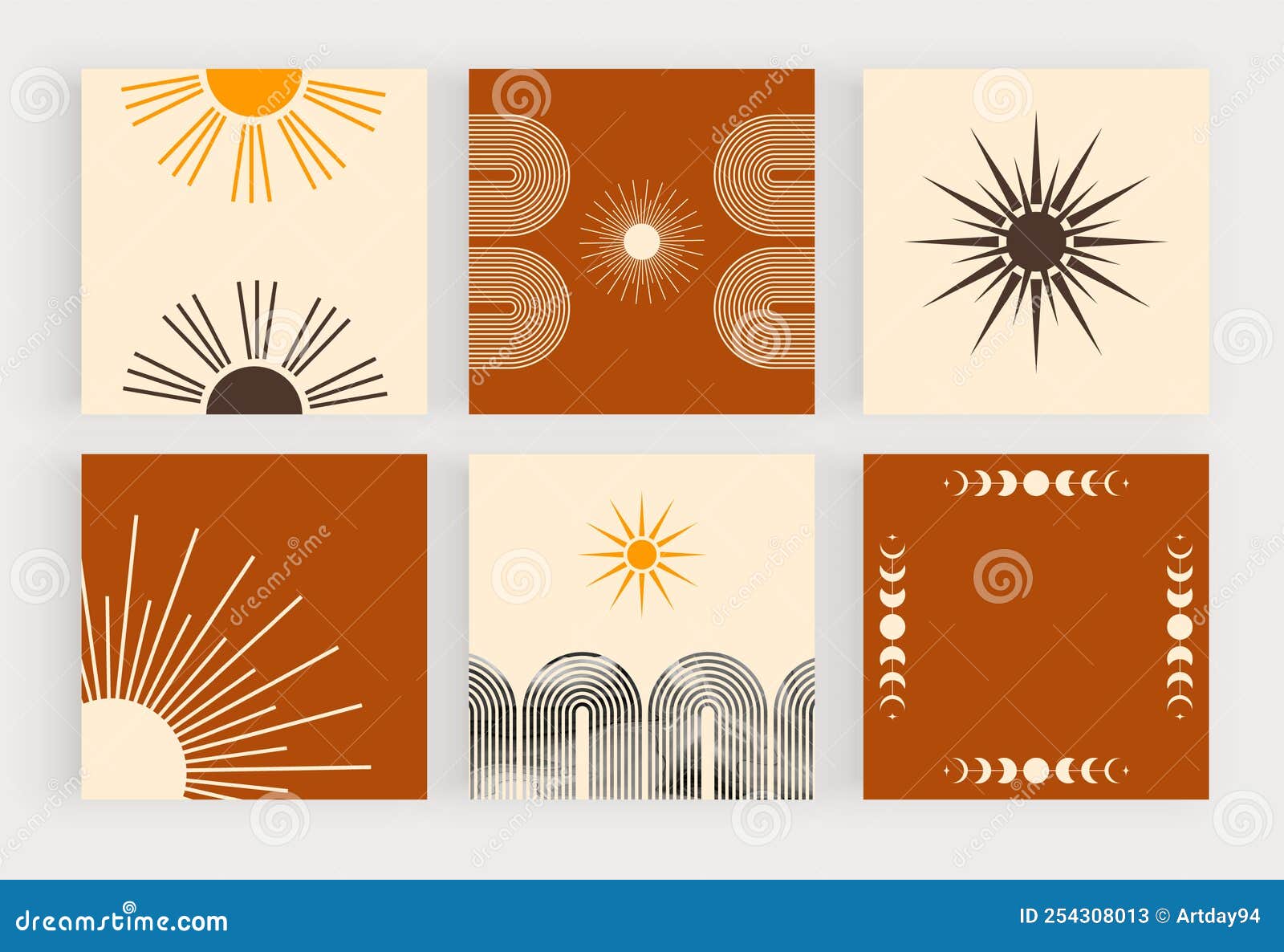 Boho Retro Social Media Posts with Sun and Rainbow Shapes Stock ...