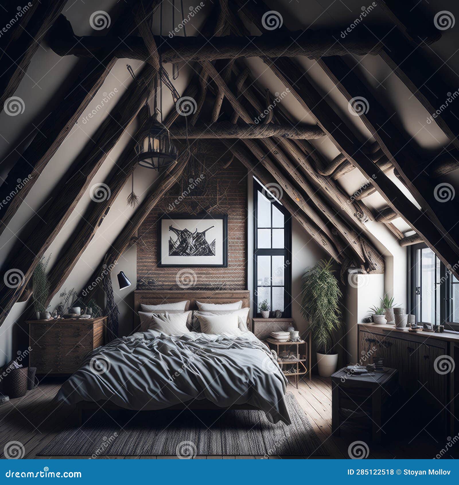 Boho Rustic Modern Interior Design of Bedroom in Attic, Triangle ...