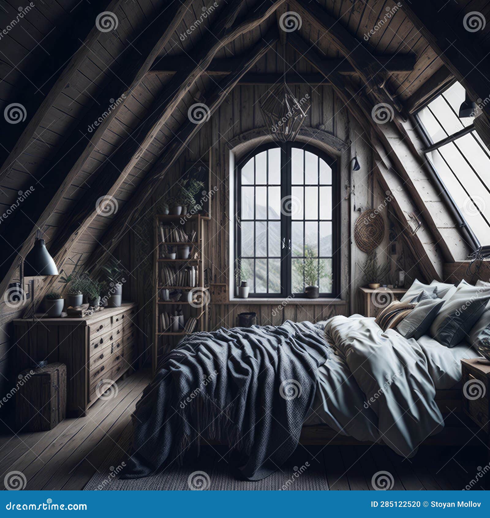 Boho Rustic Modern Interior Design of Bedroom in Attic, Triangle ...