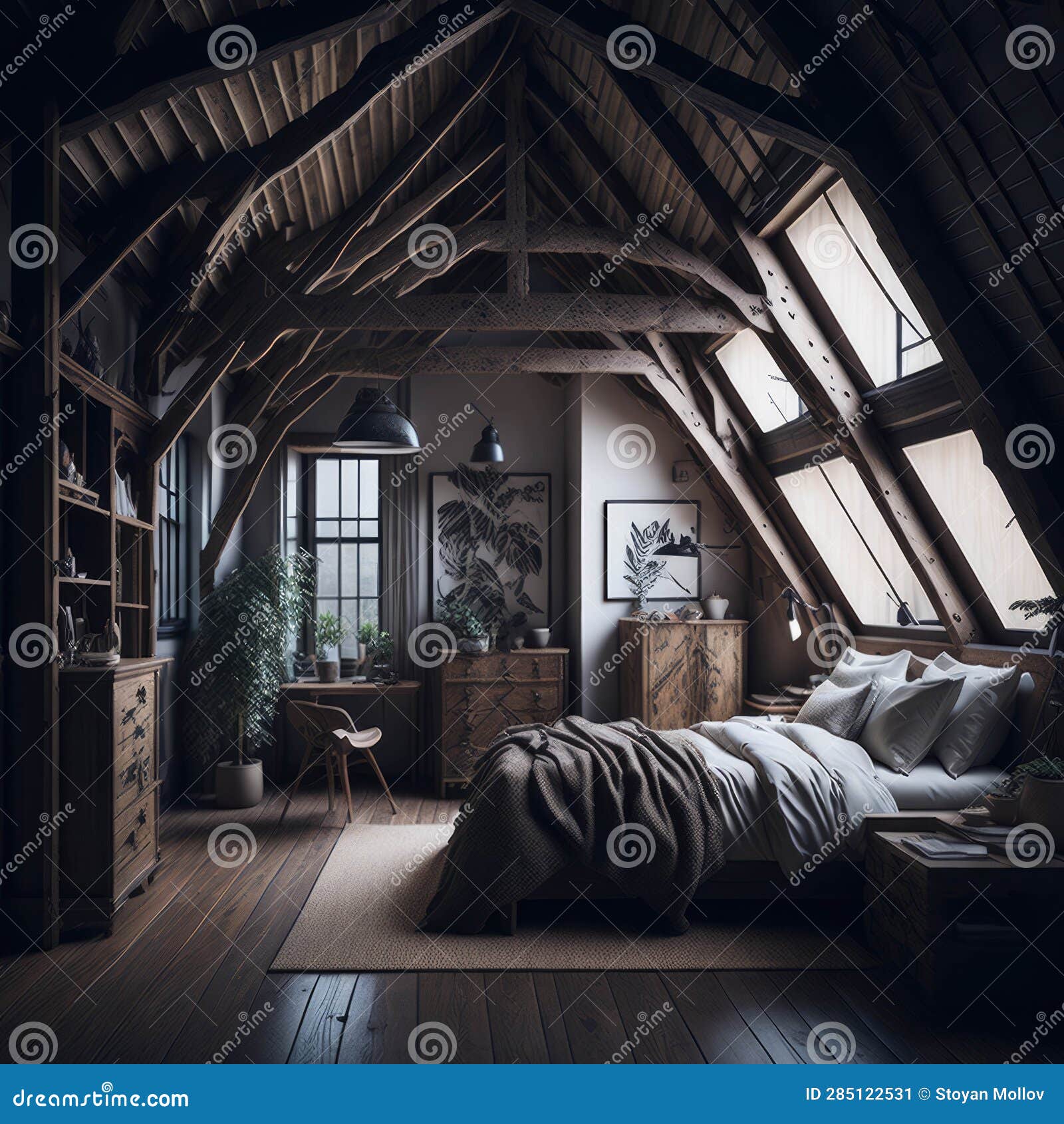 Boho Rustic Modern Interior Design of Bedroom in Attic, Triangle ...