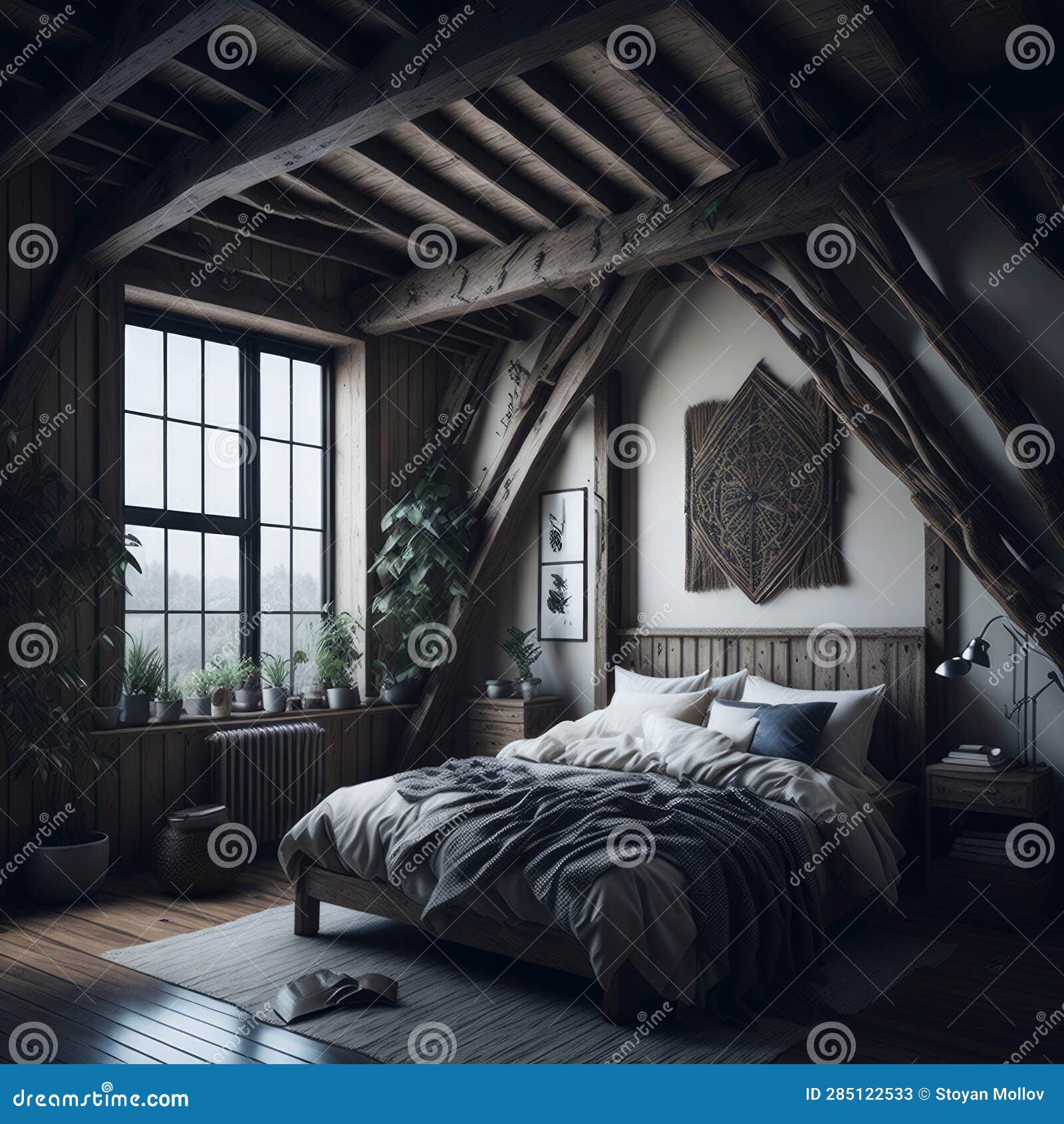 Boho Rustic Modern Interior Design of Bedroom in Attic, Triangle ...