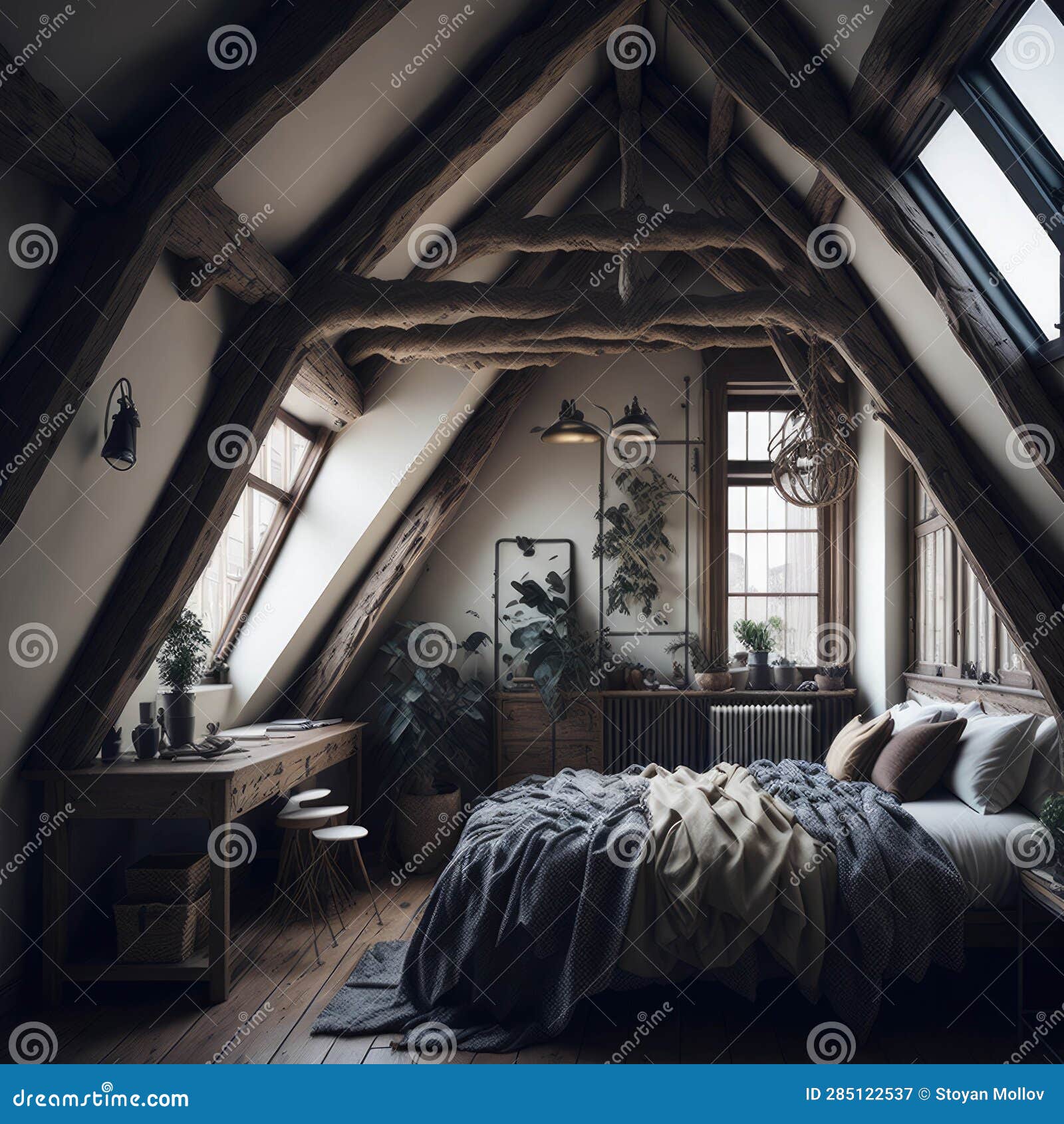 Boho Rustic Modern Interior Design of Bedroom in Attic, Triangle ...