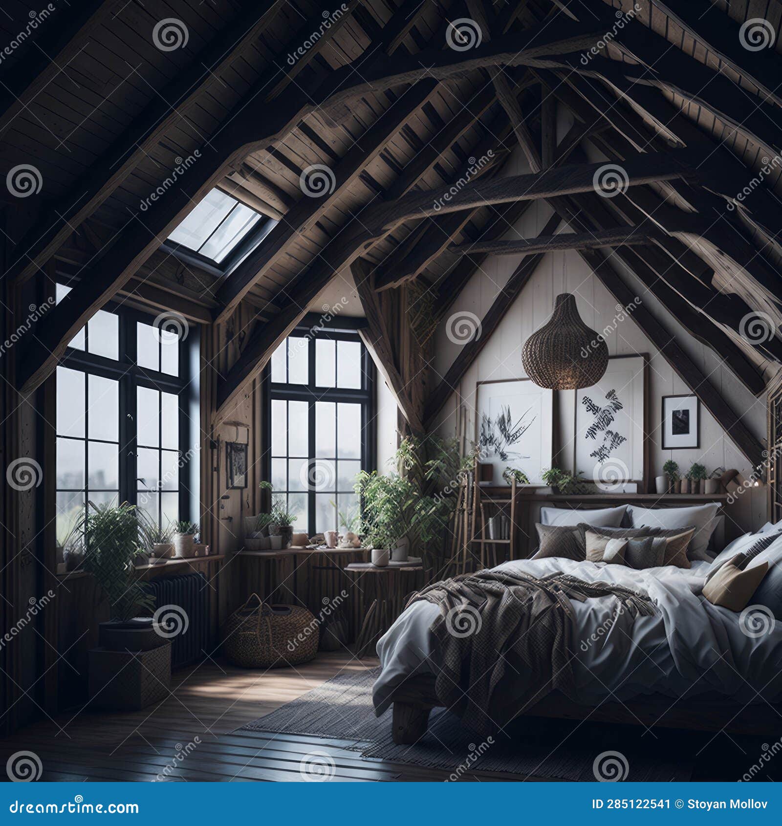 Boho Rustic Modern Interior Design of Bedroom in Attic, Triangle ...