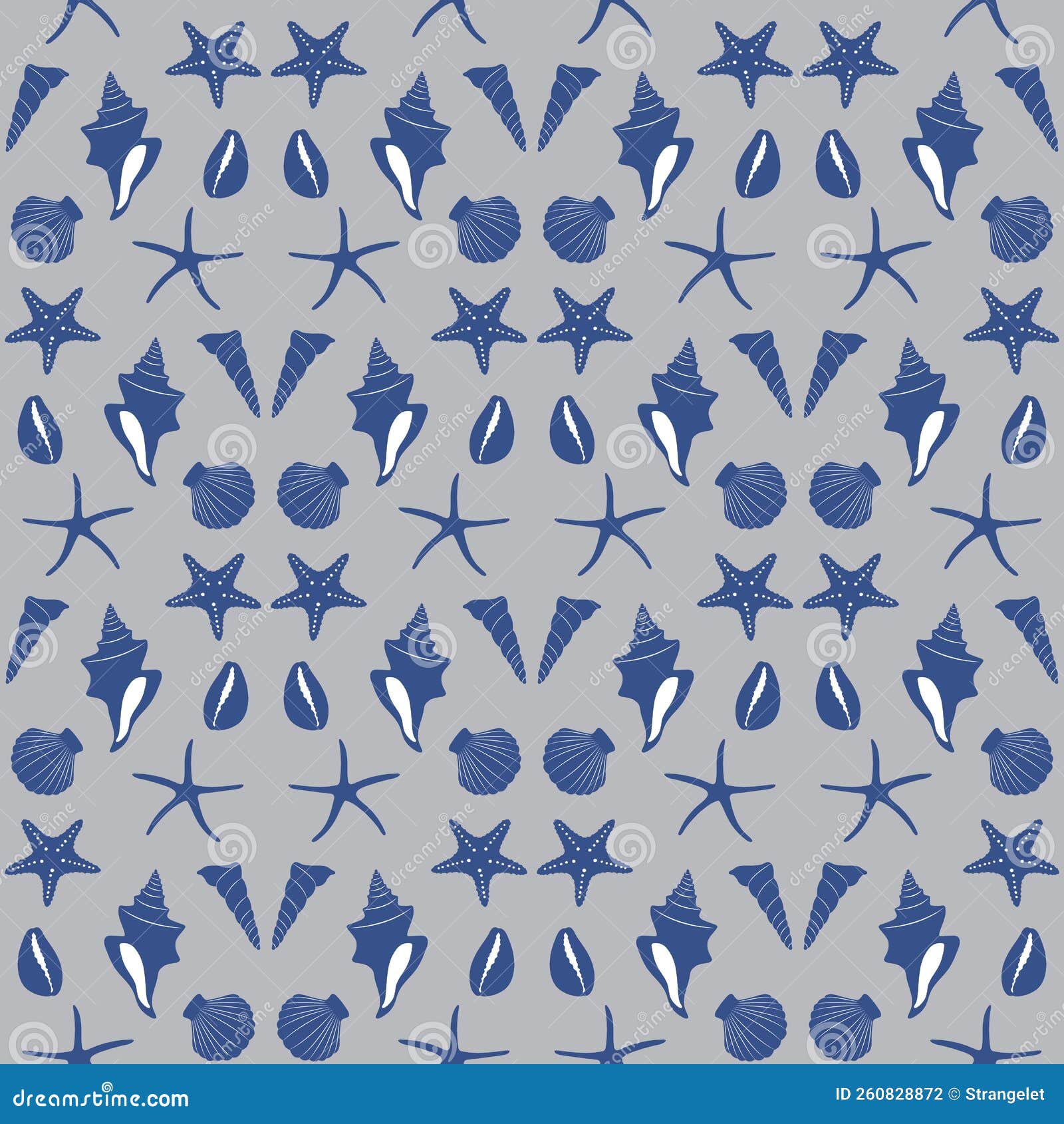 Boho Seamless Pattern with Blue Conch Shells and Sea Stars Stock Vector ...