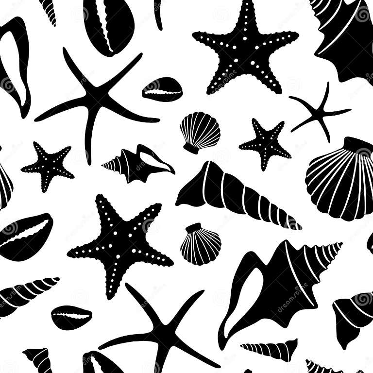 Boho Seamless Pattern with Monochrome Conch Shells and Sea Stars Stock ...