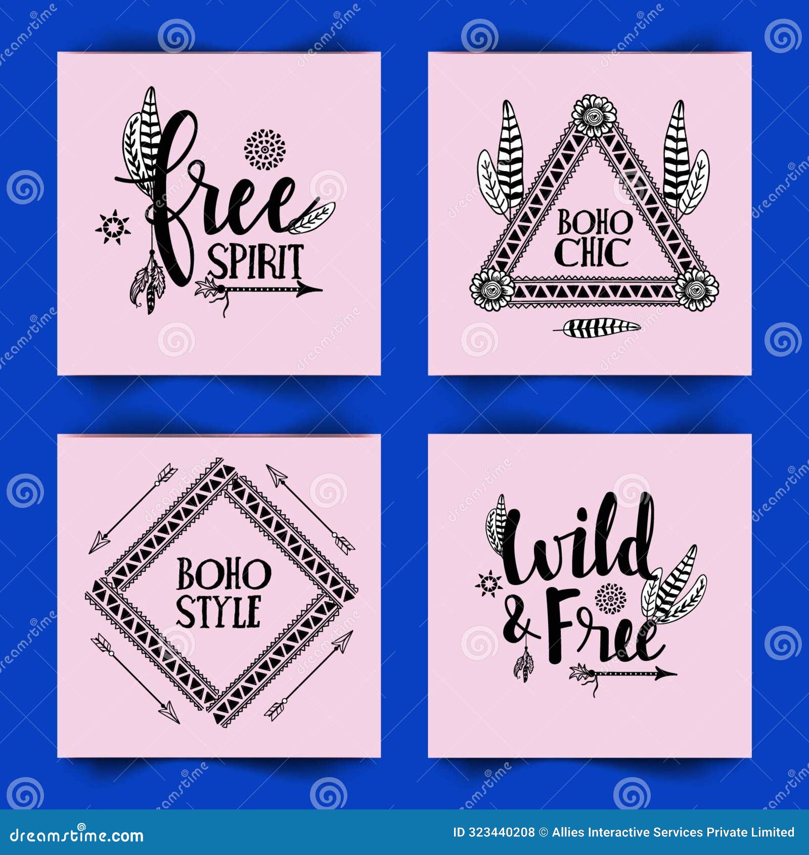 Boho Style Cards Set with Ethnic Elements and Different Typographic ...