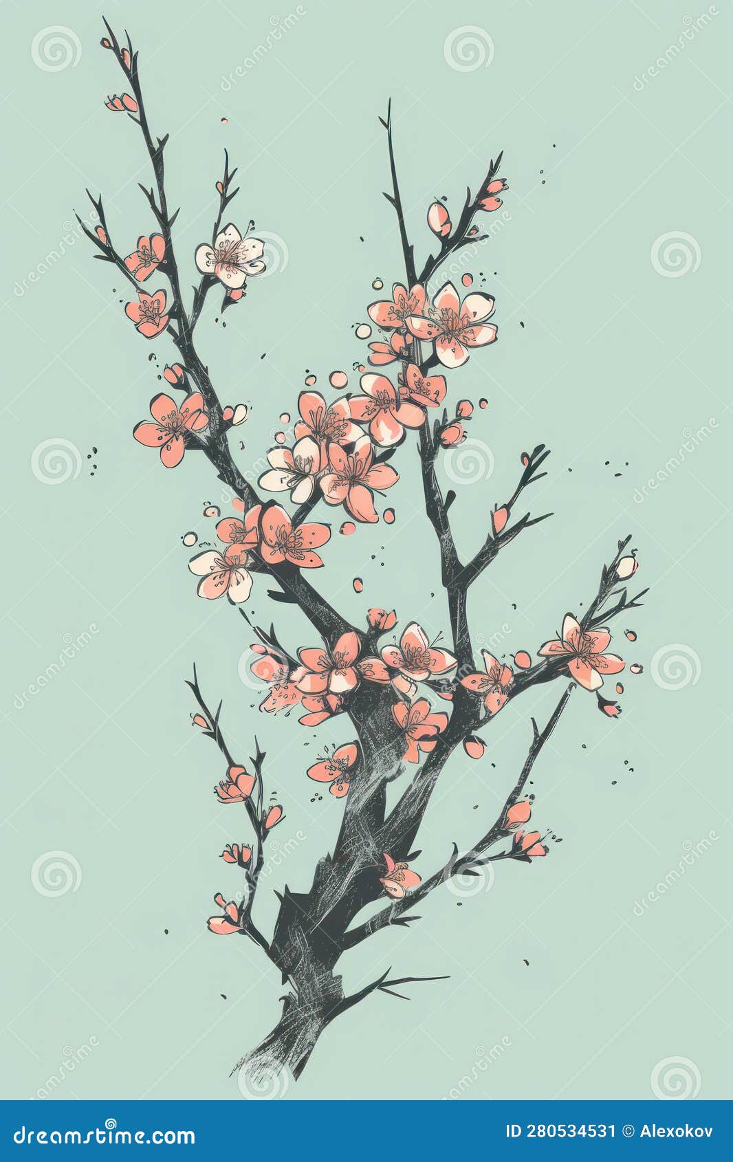 Boho Style Cherry Blossom Branch Drawing with Retro Mood . Stock ...
