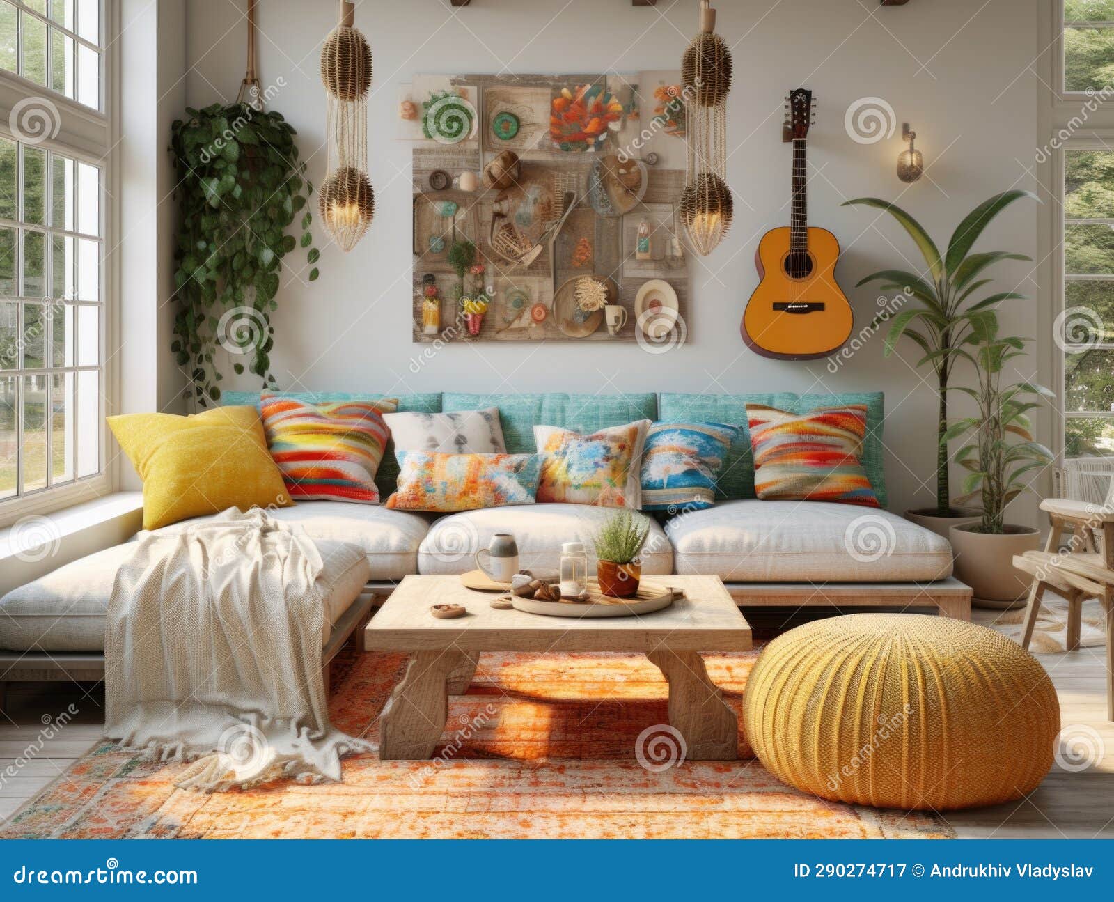 Boho Style Interior Design of Modern Living Room Stock Illustration ...