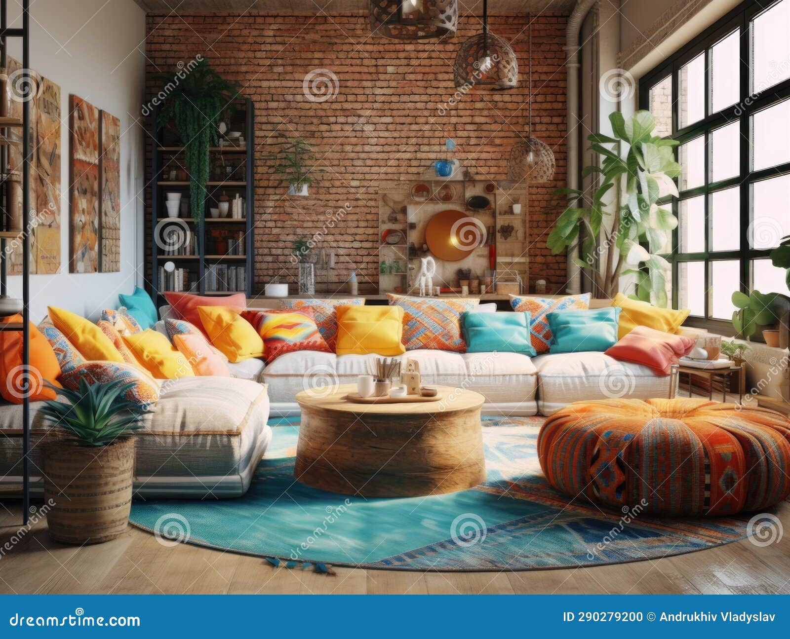 Boho Style Interior Design of Modern Living Room Stock Illustration ...