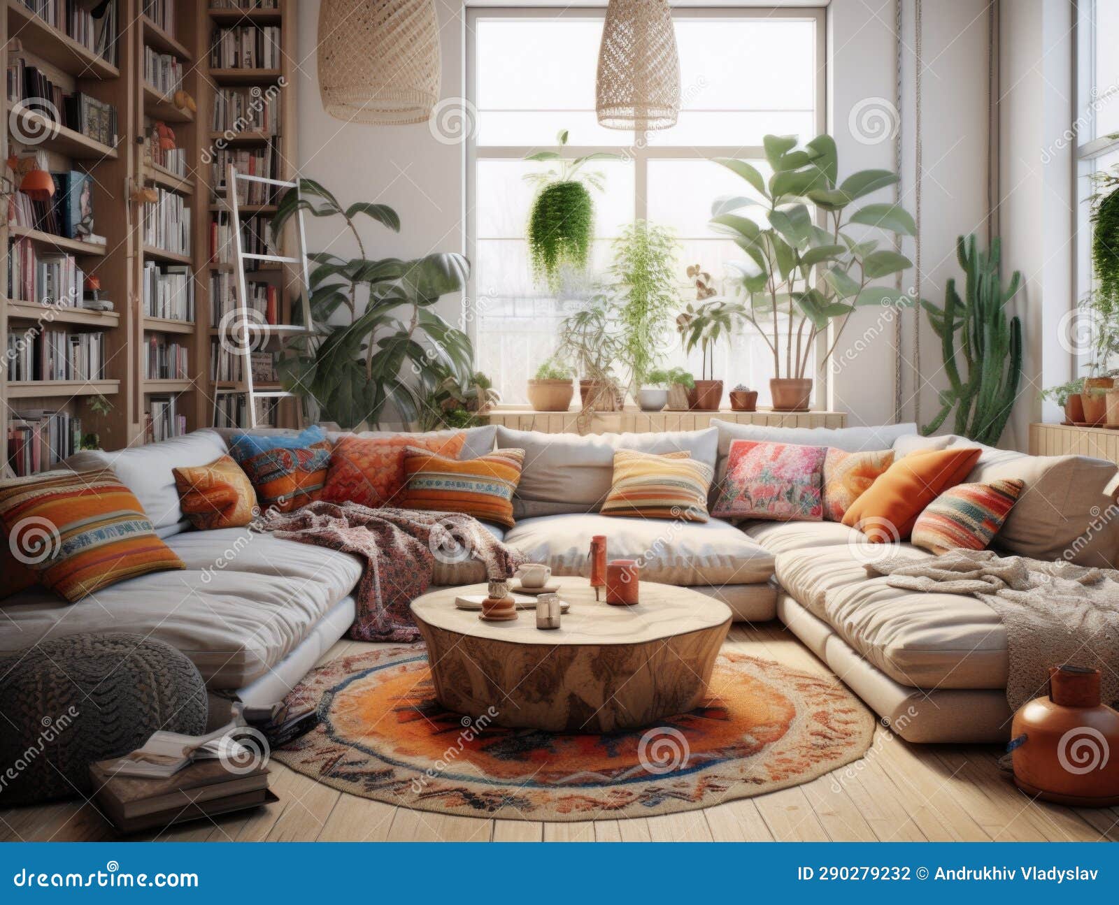 Boho Style Interior Design of Modern Living Room Stock Illustration ...