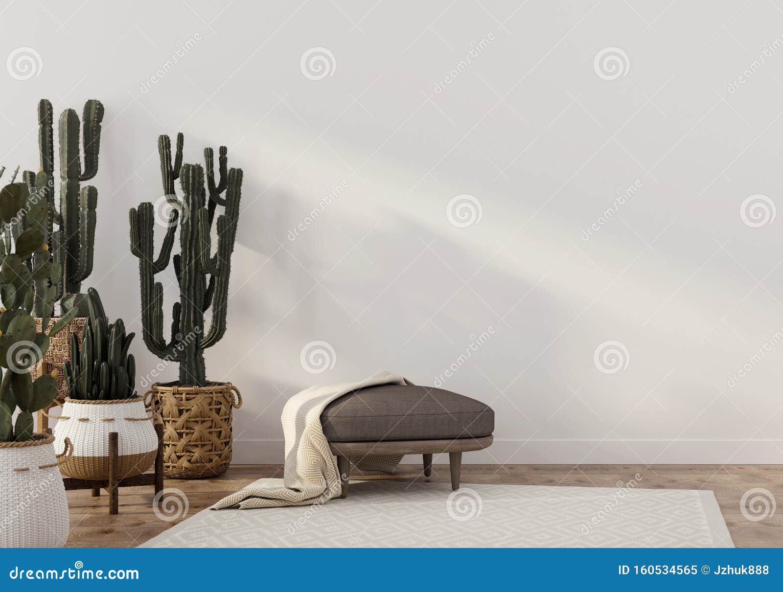 Boho-style Interior with Leather Pouf and Cacti Stock Illustration ...
