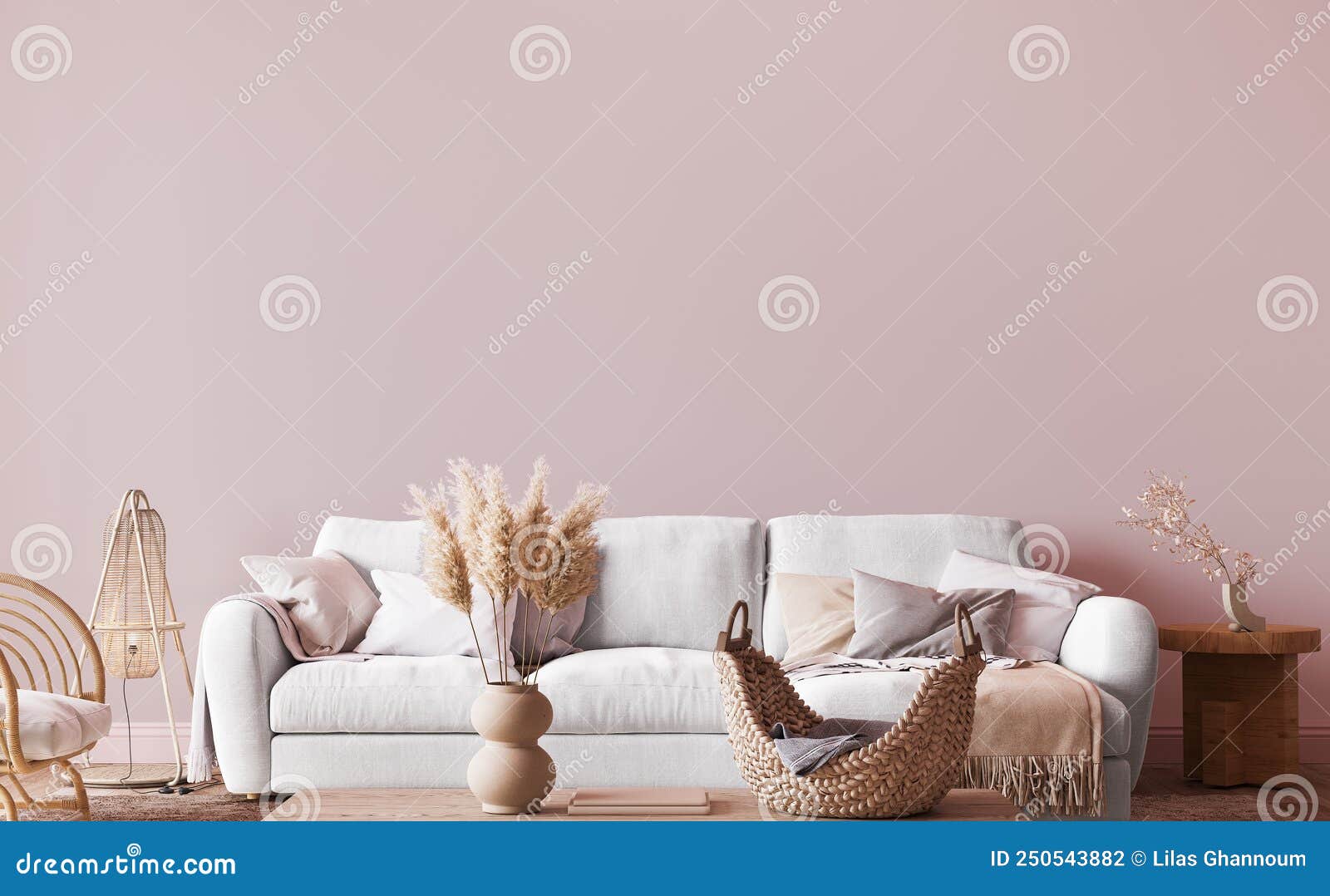 Boho Style Living Room in Pink Colors, Bright Home Interior Stock ...